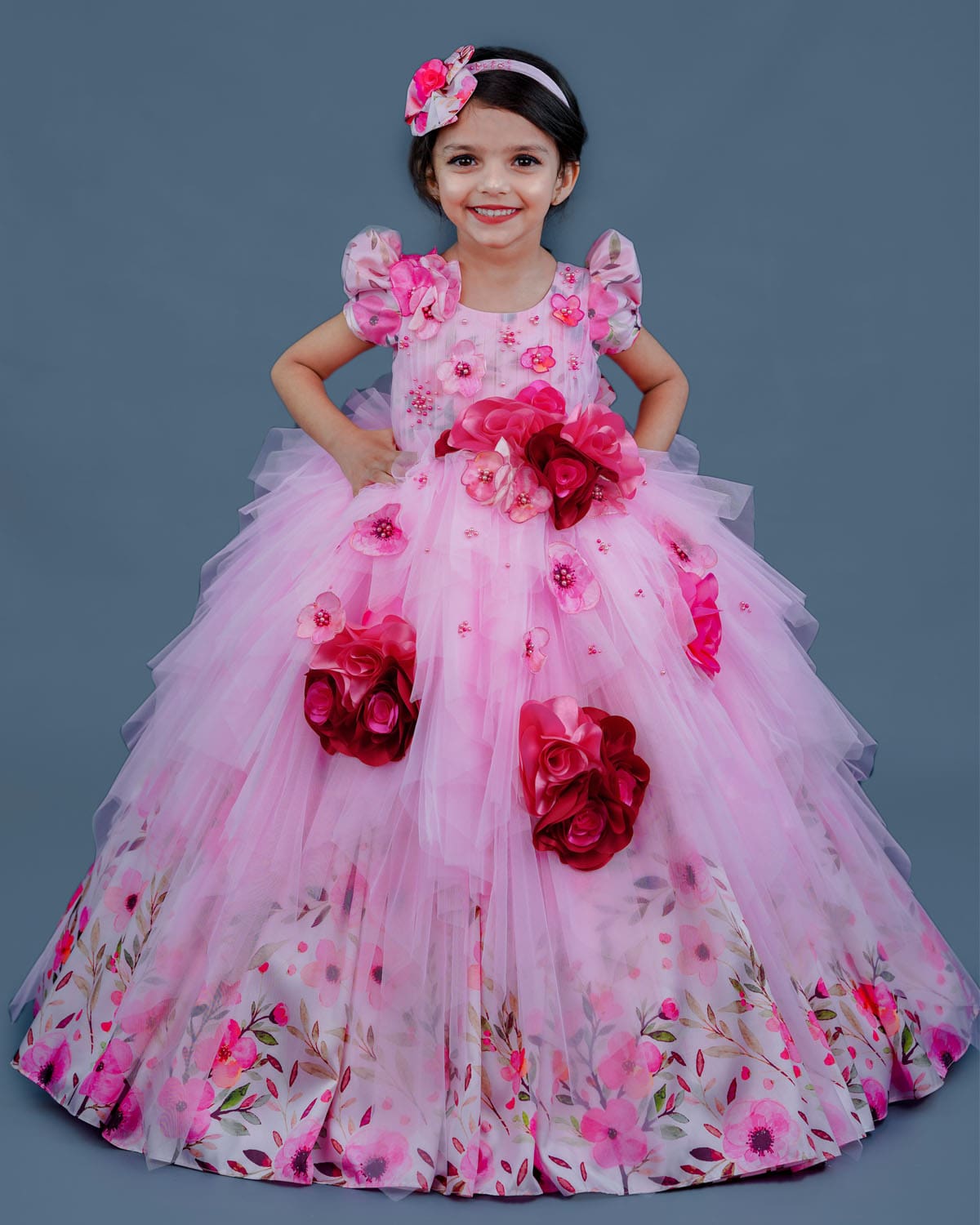 Kids Pink Floral Printed Gowns Online | Kids Party Wear Online – www ...