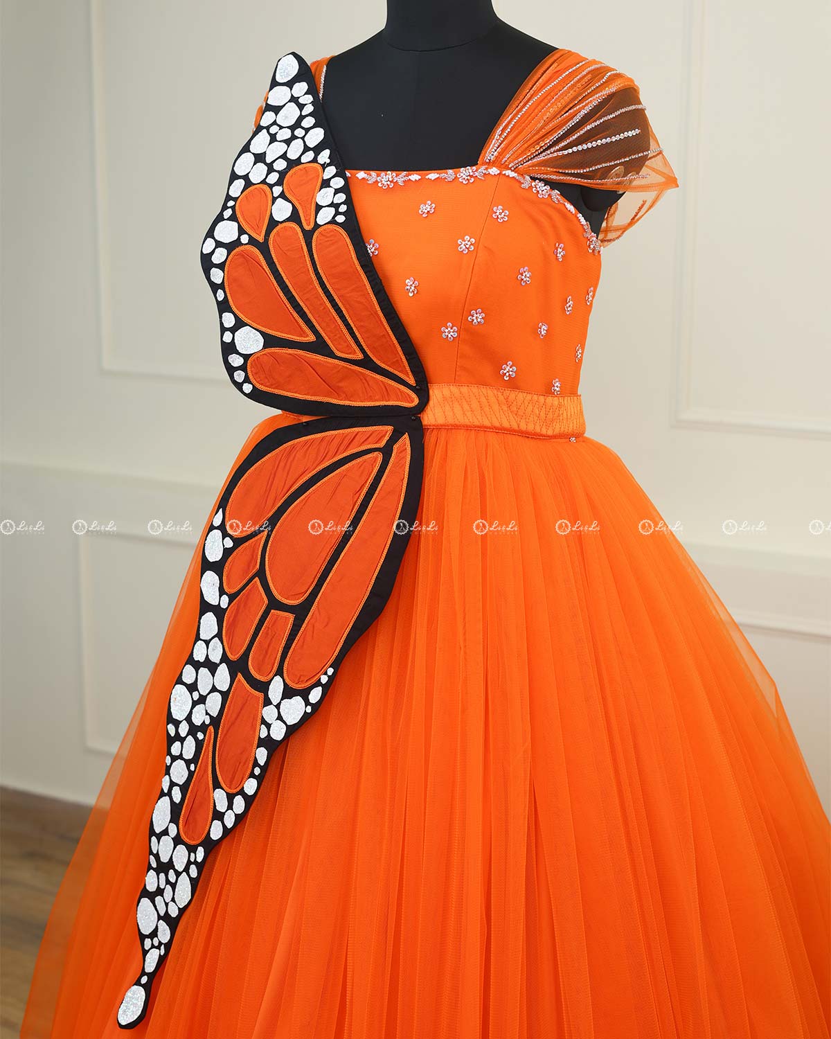 Monarch Butterfly Theme Gown in Tangerine Orange Color with Detachable ...