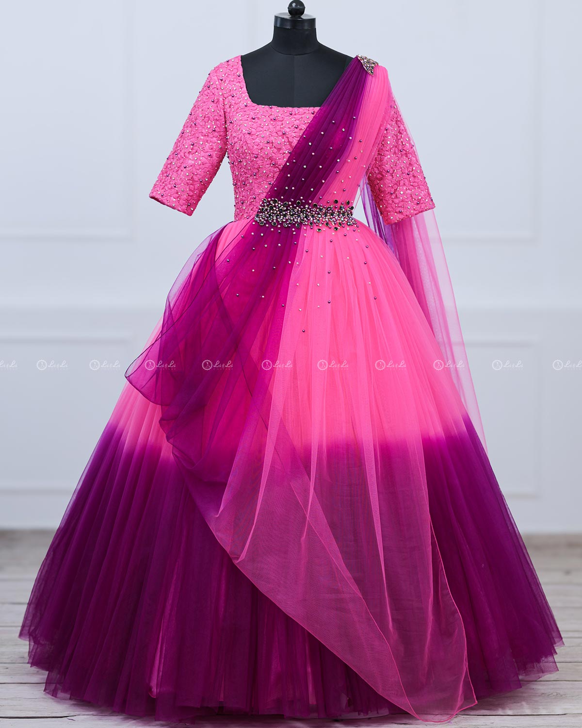 Rose Pink and Plum Purple Color Gradient Gown with Draped Dupatta ...