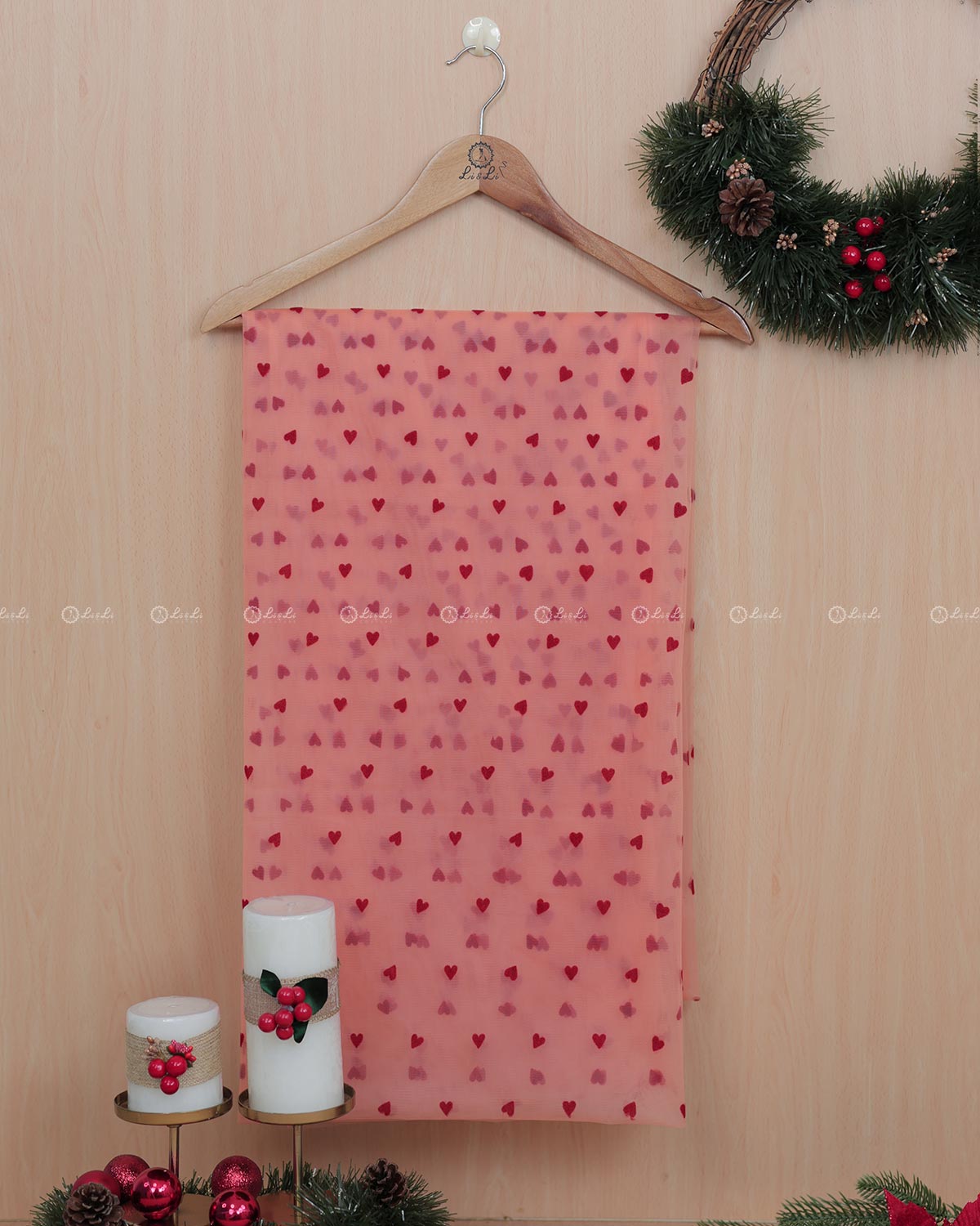 Peach Net Fabric with Black Hearts Pattern – www.liandli.in