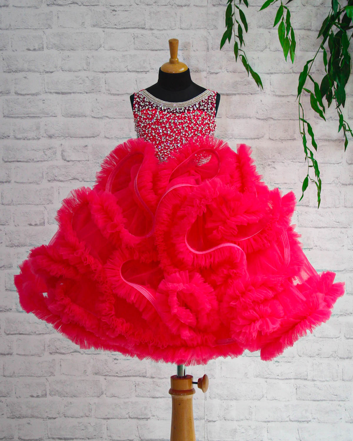 Coral Pink Netted Frilled Fluffy Gown With White Crystal And Beads Work ...