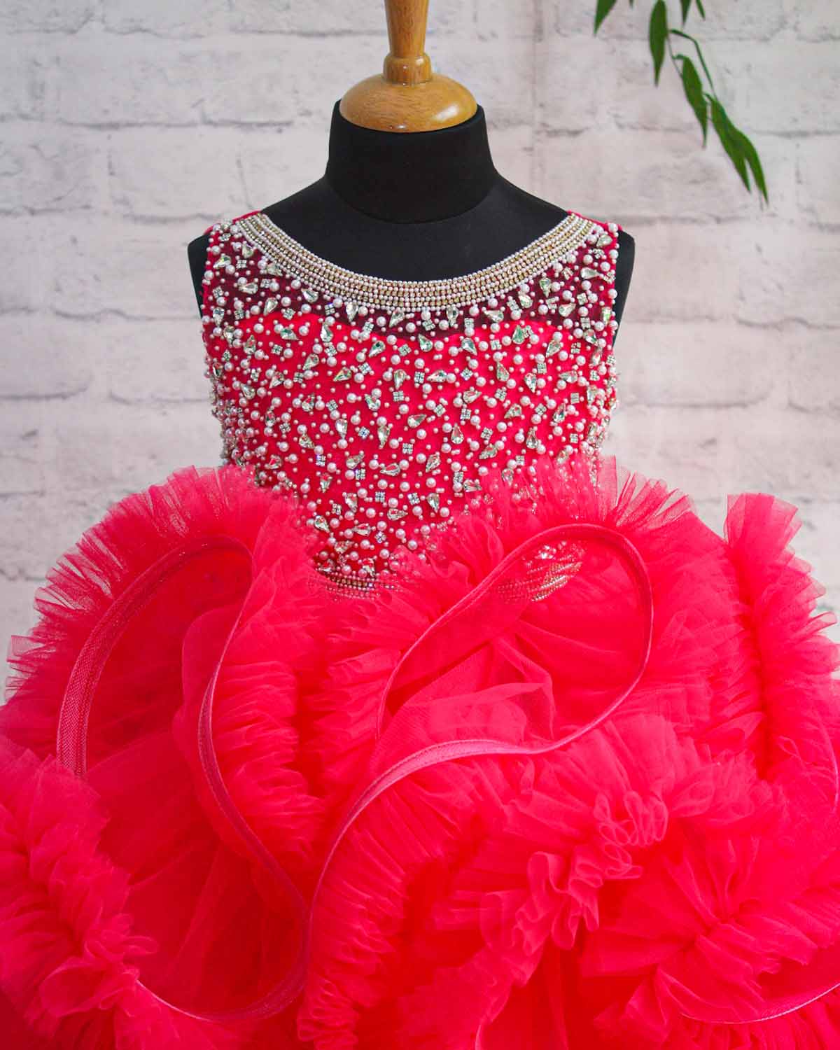 Coral Pink Netted Frilled Fluffy Gown With White Crystal And Beads Work ...