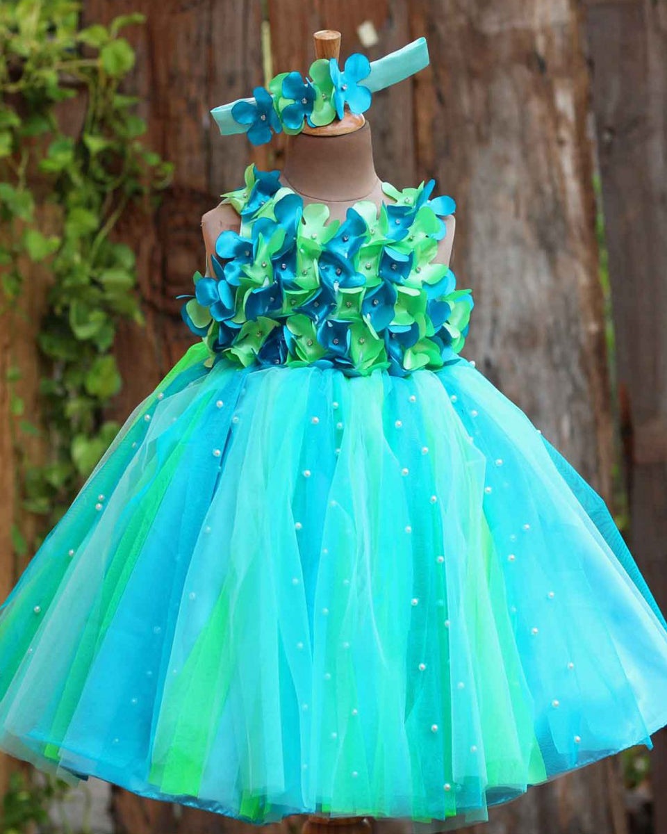 Sky Blue and Green Strips Petal Frock – www.liandli.in