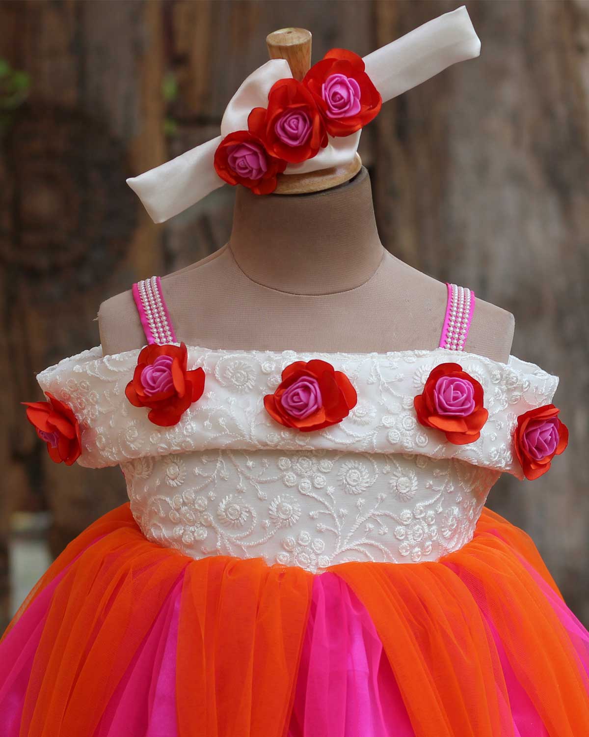 Cold-Shoulder Pink And Orange Flower Frock | Flower Frock – www.liandli.in