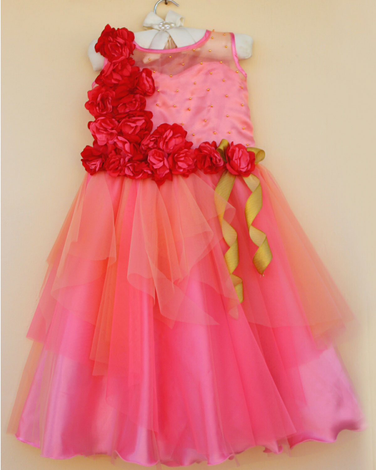 Pink And Peach Asymmetrical Frock With Red Rose Flowers | Flower Frock ...