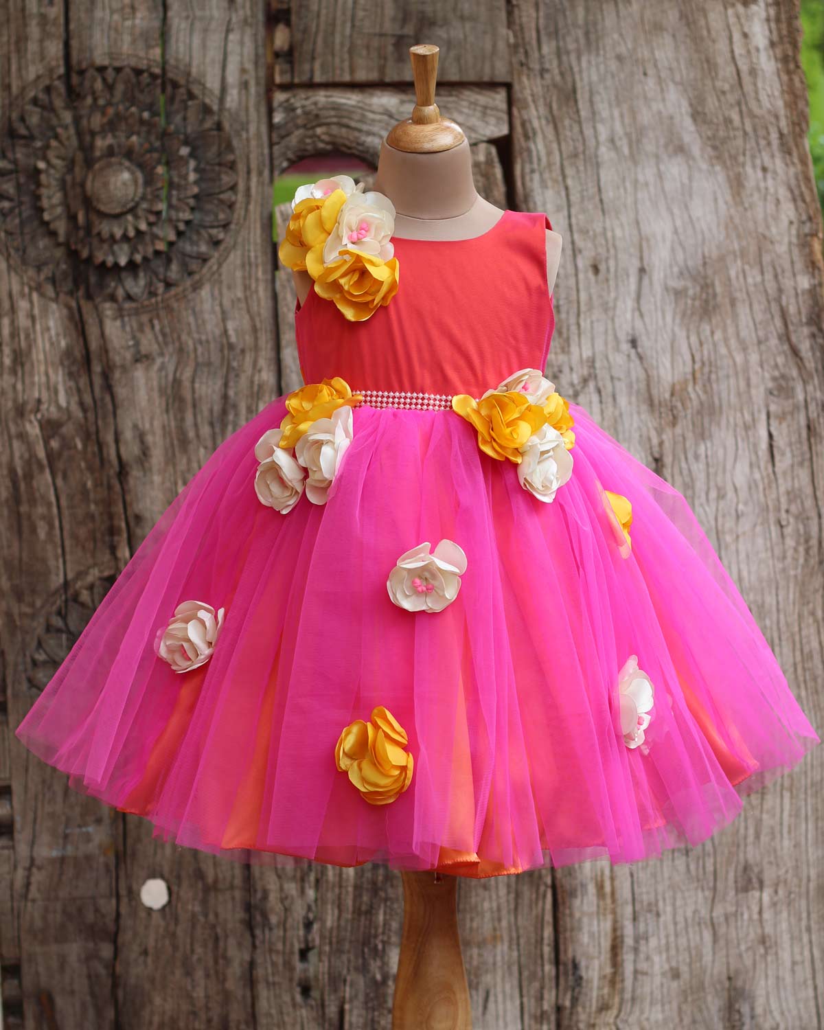 Pinkish Orange Frock With Yellow Ivory Flowers | Flower Frock – www ...