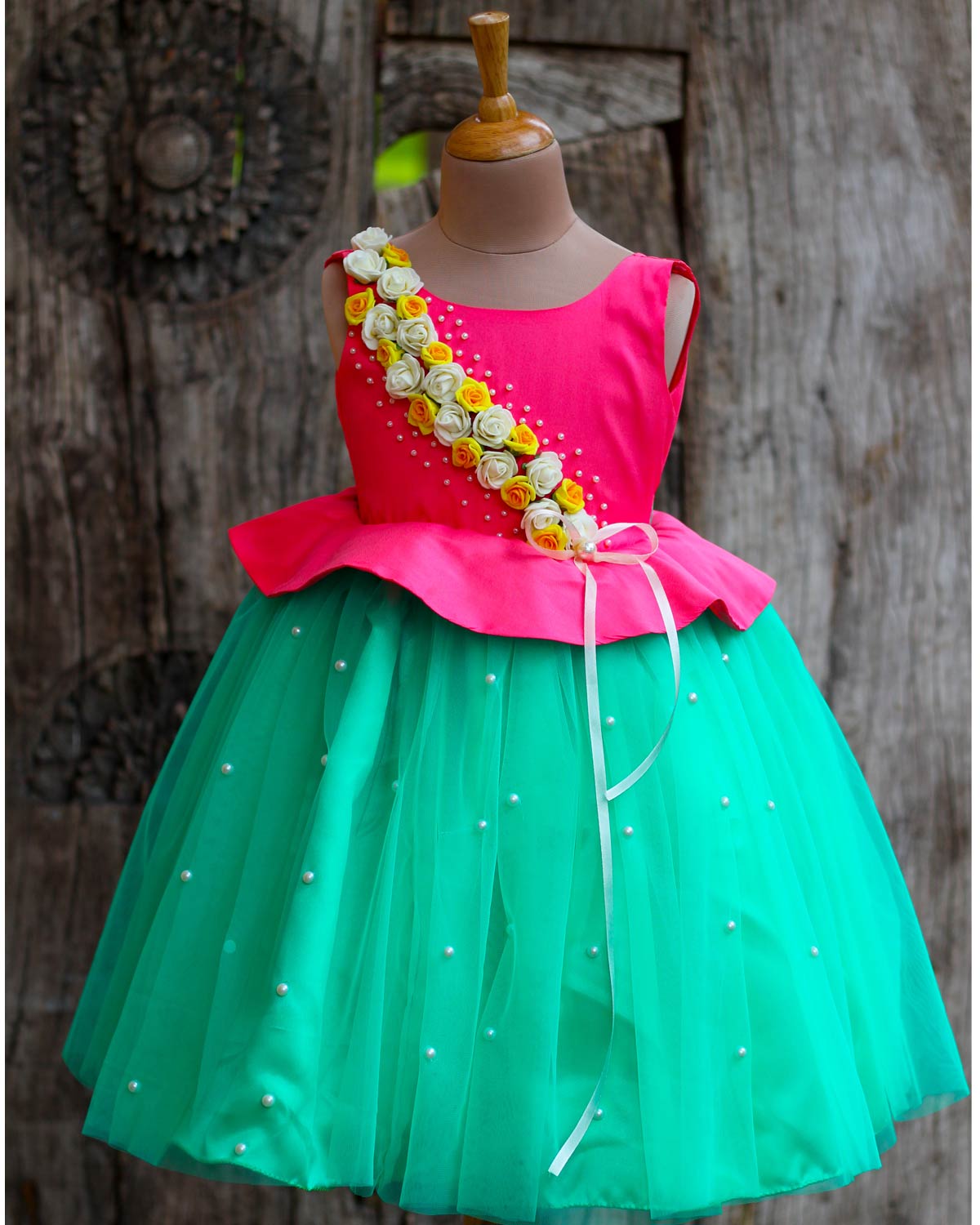 Peplum Mint Green And Pink Flower Frock | Flower Frock – www.liandli.in