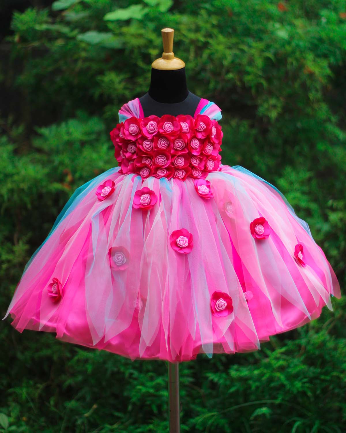 Ranipink and Baby Pink Flower Frock With Multi Pink and Aqua Blue Strip ...
