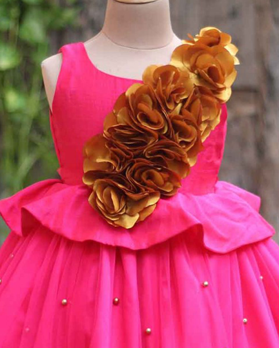 Rani Pink Peplum Golden Flower Frock | Flower Frock – www.liandli.in