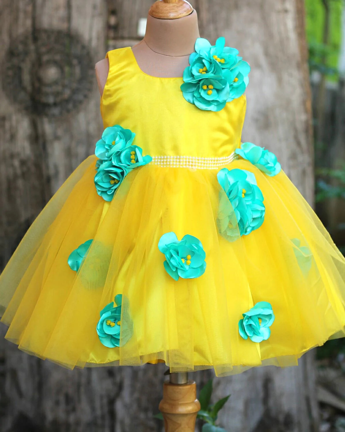Yellow And Aqua Blue Big Flower Frock | Flower Frock – www.liandli.in